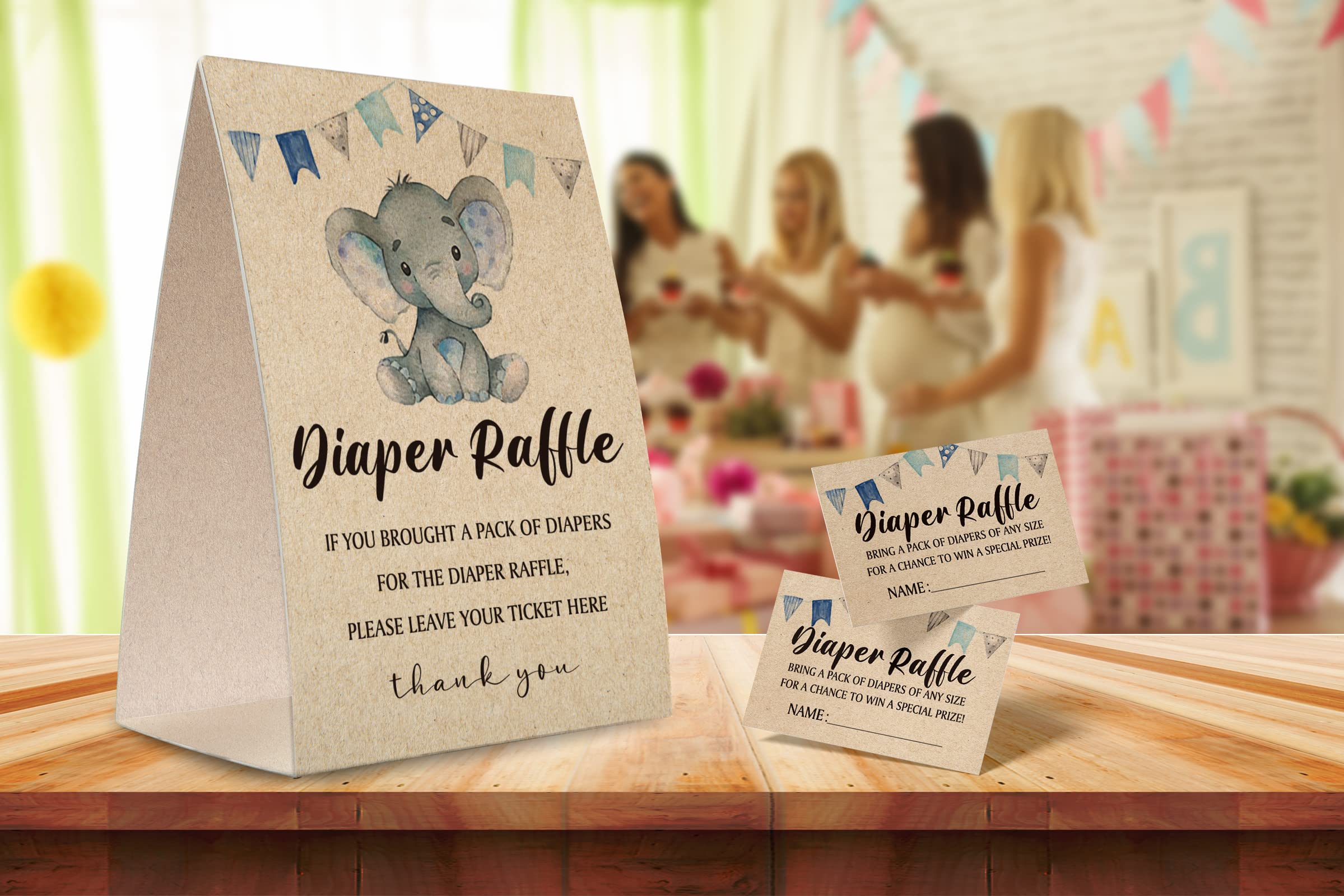 Kraft Paper Diaper Raffle Sign,Diaper Raffle Baby Shower Game Kit (1 Standing Sign + 50 Guessing Cards),Elephant Bunting Raffle Insert Ticket,Baby Showers Decorations-NPZ04