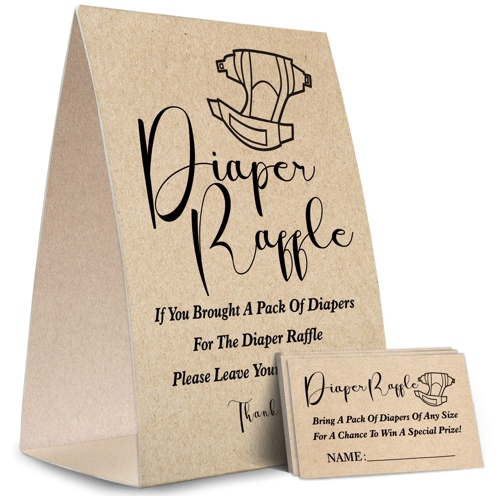 Tesedupoole Kraft Paper Diaper Raffle Sign,Diaper Raffle Baby Shower Game Kit (1 Standing Sign + 50 Guessing Cards),Baby Showers Decorations,Card for Baby Shower Game to Bring a Pack of Diapers-NPZ18