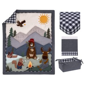 NoJo Into The Wilderness Navy, Green, and Brown, Camping Bear, Moose, Eagle, and Beaver Campfire 4 Piece Nursery Crib Bedding Set - Comforter, Cotton Fitted Crib Sheet, Crib Skirt, and Storage Tote