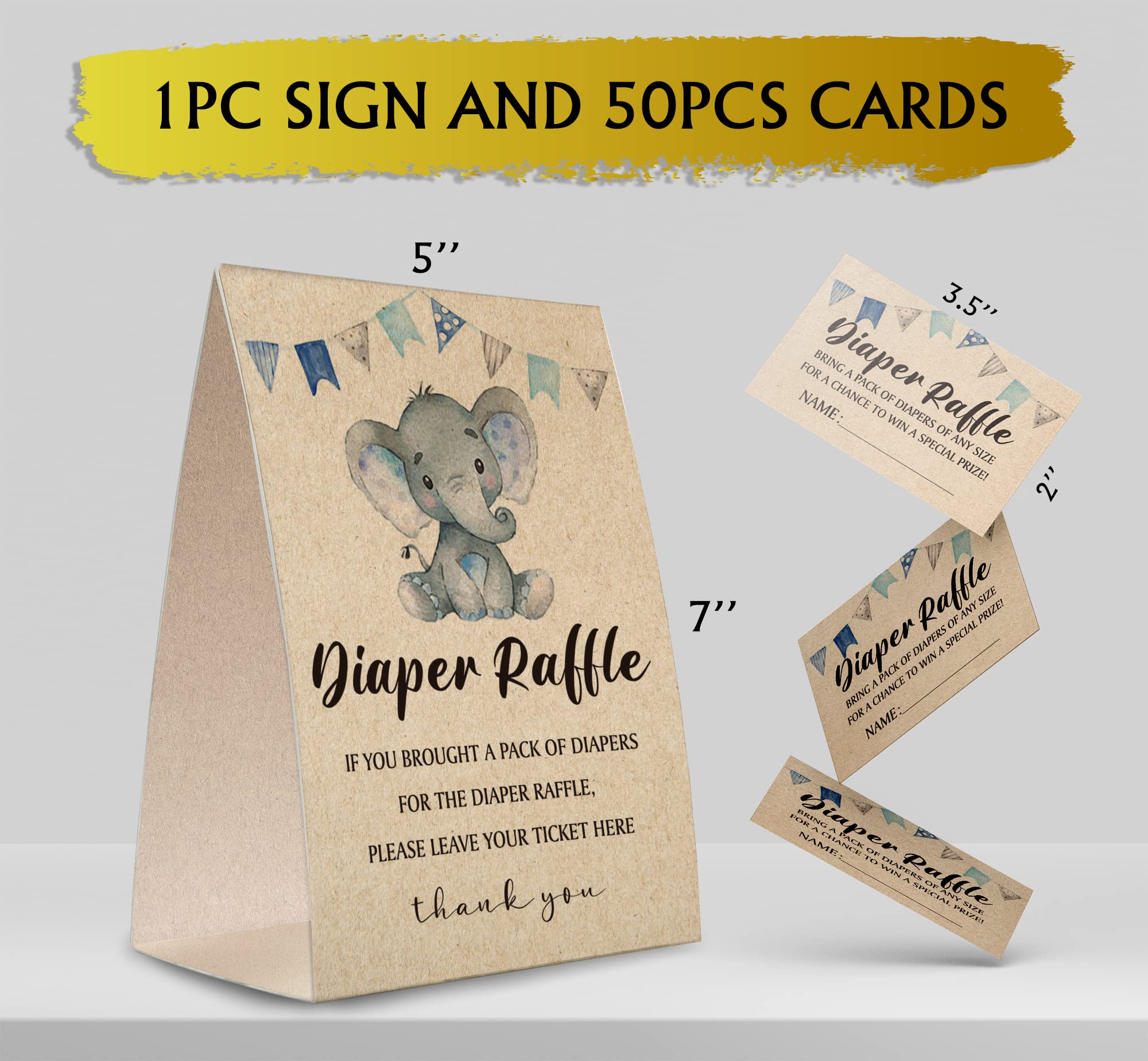 Kraft Paper Diaper Raffle Sign,Diaper Raffle Baby Shower Game Kit (1 Standing Sign + 50 Guessing Cards),Elephant Bunting Raffle Insert Ticket,Baby Showers Decorations-NPZ04