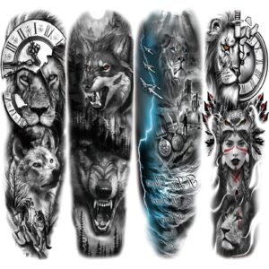 briyhose lion wolf temporary tattoo sleeve, large full arm animal tribal fake tattoos sleeve for men women adult, long lasting black arm temp tatoo sticker leg body art makeup, 4-sheet