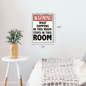 What Happens In This Room Metal Sign - Easy-to-Hang Wall Decor - Fun Tin Signs for Man Cave - Metal Dorm Room Decorations, Garage Signs, and Man Cave Signs