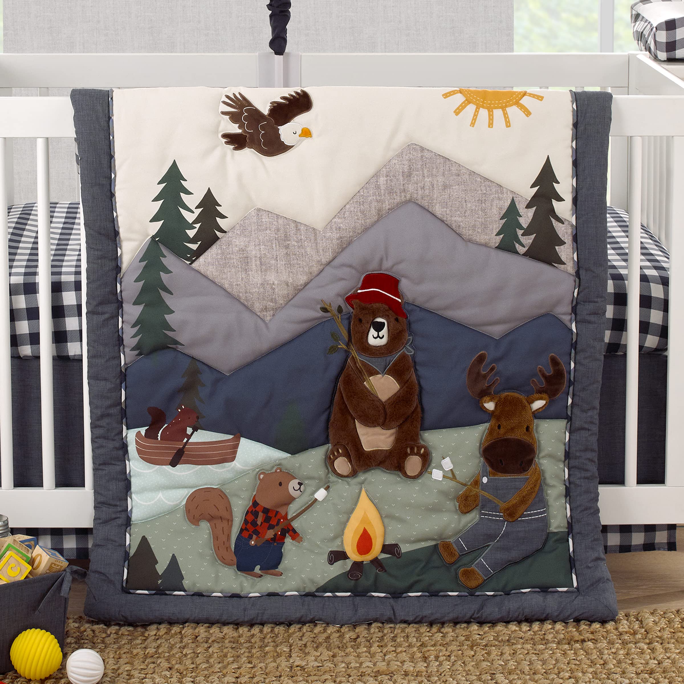 NoJo Into The Wilderness Navy, Green, and Brown, Camping Bear, Moose, Eagle, and Beaver Campfire 4 Piece Nursery Crib Bedding Set - Comforter, Cotton Fitted Crib Sheet, Crib Skirt, and Storage Tote