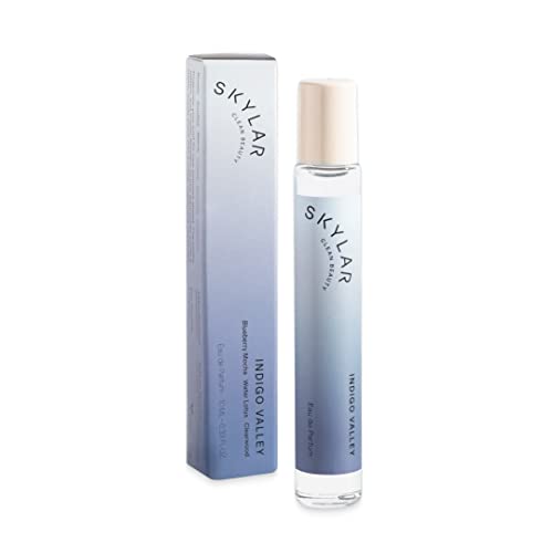 Skylar Indigo Valley Eau de Parfum - Hypoallergenic & Clean Perfume for Women & Men, Vegan & Safe for Sensitive Skin- Woody, Floral Perfume, Blueberry Mocha, Water Lotus & Clearwood - 10mL /0.33 Fl oz