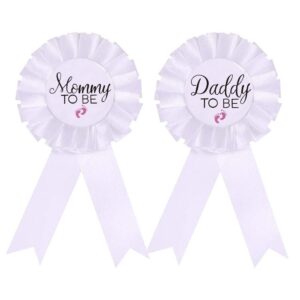 coolerthingsdg, daddy to be & mommy to be tinplate badge pin - baby shower button new dad gifts gender reveals party baby girl white rosette button baby celebration (white, pink footprint)