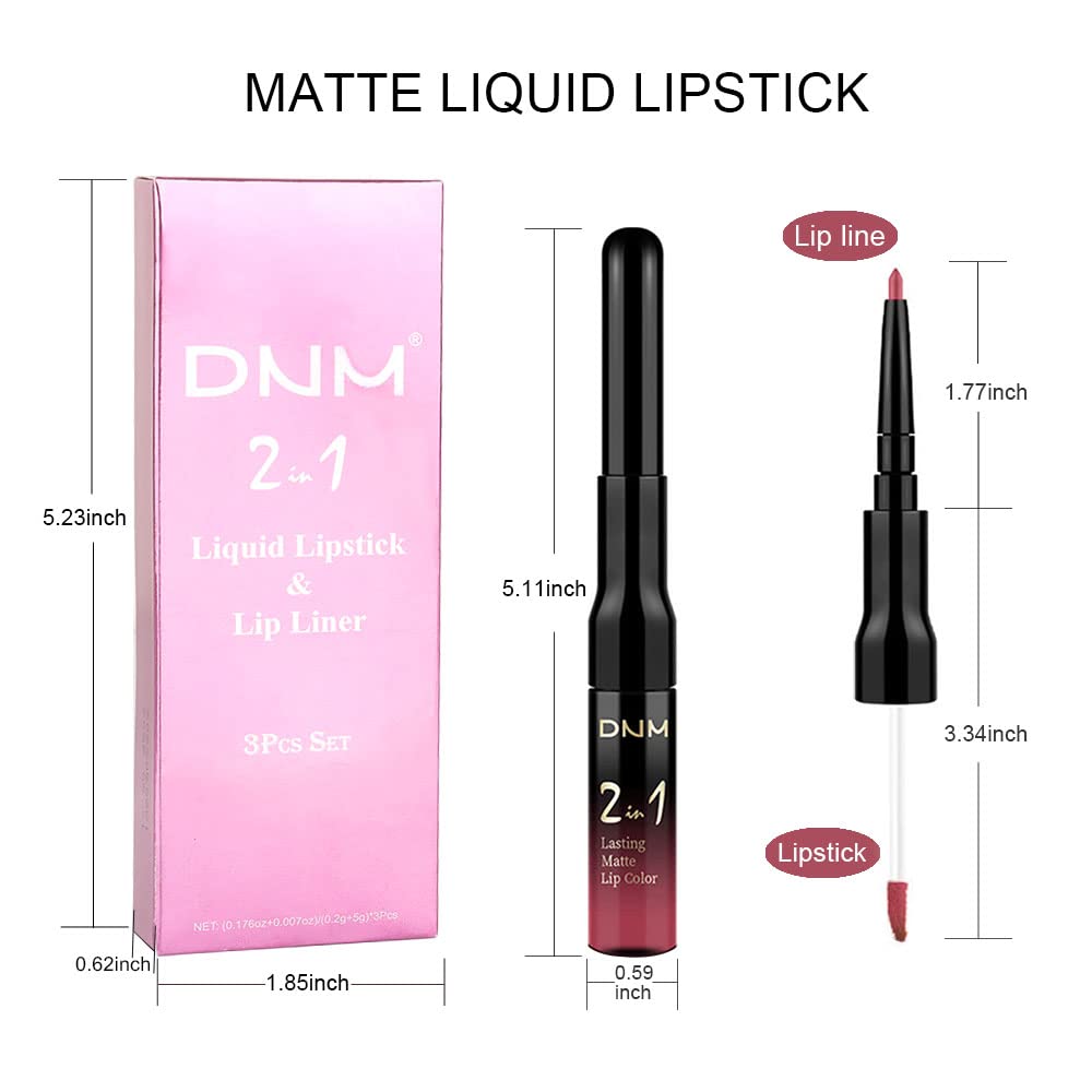 evpct 3Pcs Mauve Neutral Light Rosey Nude Blue Red Matte Liquid Lipstick and Lip Liner Stain Sets for Women, DNM Long Lasting 24 Hours Matte Lipstick labiales matte larga duracion 24 mate originales