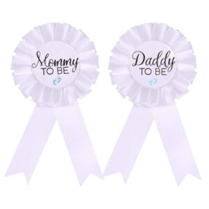 coolerthingsdg, daddy to be & mommy to be tinplate badge pin - baby shower button new dad gifts gender reveals party baby boy white rosette button baby celebration (white, blue footprint)