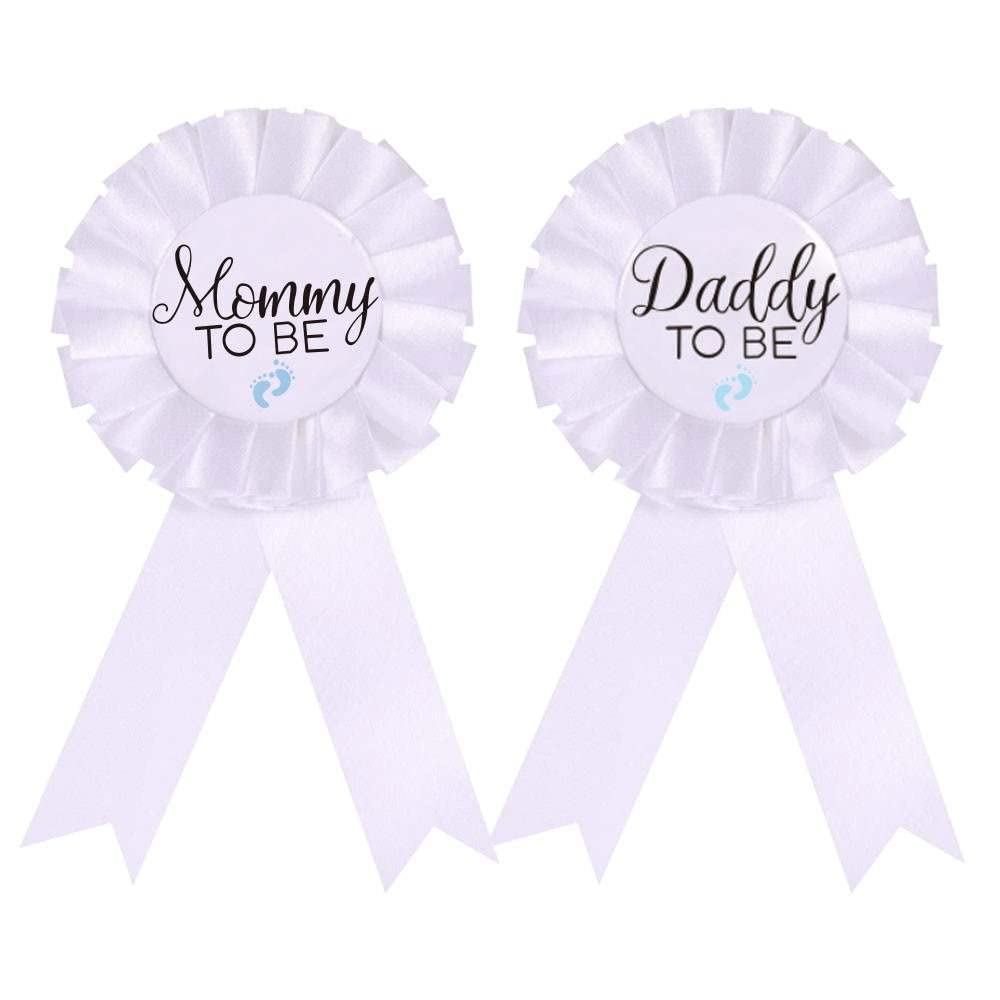 CoolerthingsDG, Daddy to be & Mommy to be Tinplate Badge Pin - Baby Shower Button New Dad Gifts Gender Reveals Party Baby BOY White Rosette Button Baby Celebration (White, Blue footprint)