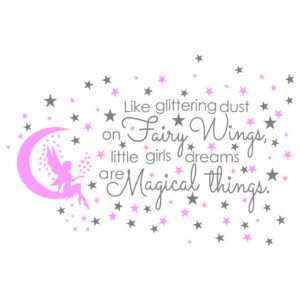 anfrjji fairy and dream wall sticker - removable pvc decal with glittering wings and magical quote - fairy moon and stars wall art for girls bedroom, kids room -effect 24"x35"inch (gray-jwh290-fairy