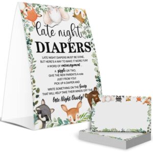 late night diapers sign & cards(1 standing sign + 20 blank greeting cards), jungle baby shower decorations sign kit, baby shower diaper game write funny inspirational message