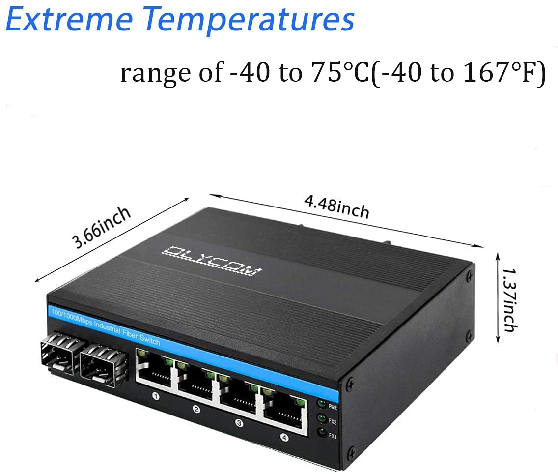 OLYCOM 4Port POE Switch Outdoor Full Gigabit DIN-Rail Fiber Network Switch 4 x Gigabit PoE+ Ports 2 x 1.25G SFP Fiber Ports 120W with 2pcs Industrial SFP Transceivers