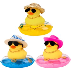 wonuu rubber duck car ornaments 3pcs yellow duck car dashboard decorations with mini hat swim ring necklace sunglasses, straw&blue straw&cowboy hat