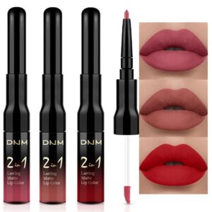 evpct 3pcs mauve neutral light rosey nude blue red matte liquid lipstick and lip liner stain sets for women, dnm long lasting 24 hours matte lipstick labiales matte larga duracion 24 mate originales