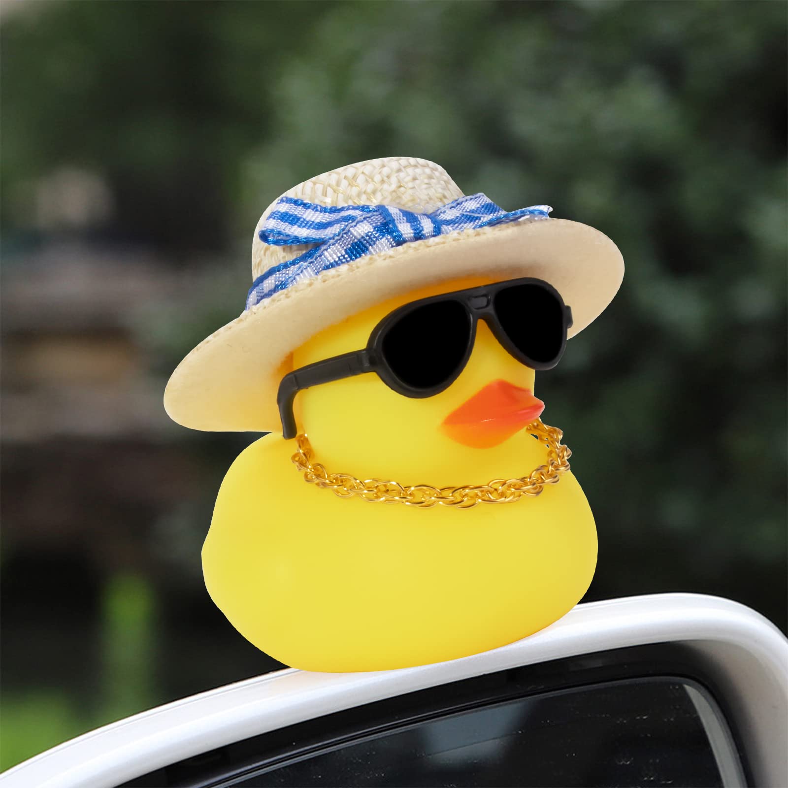 wonuu Rubber Duck Car Ornaments 3Pcs Yellow Duck Car Dashboard Decorations with Mini Hat Swim Ring Necklace Sunglasses, Straw&Blue Straw&Cowboy Hat