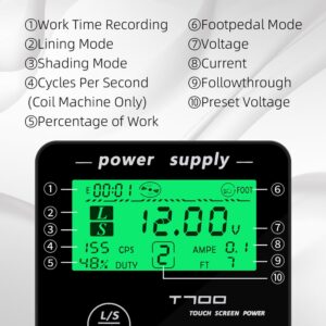 Dragoart T700 Tattoo Power Supply 3-18v Professional Tattoo Power Supply Box for Coil & Rotary Tattoo Machine, 6 Preset Voltages/Liner Shader Switch/2 Foot Pedal Modes/Touch Screen/Adjustable Stand