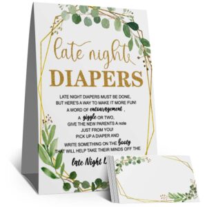 skuhyyg eucalyptus late night diapers sign & cards, gold cards diaper thoughts, baby shower diaper game write funny inspirational message(1 standing sign + 20 blank greeting cards)