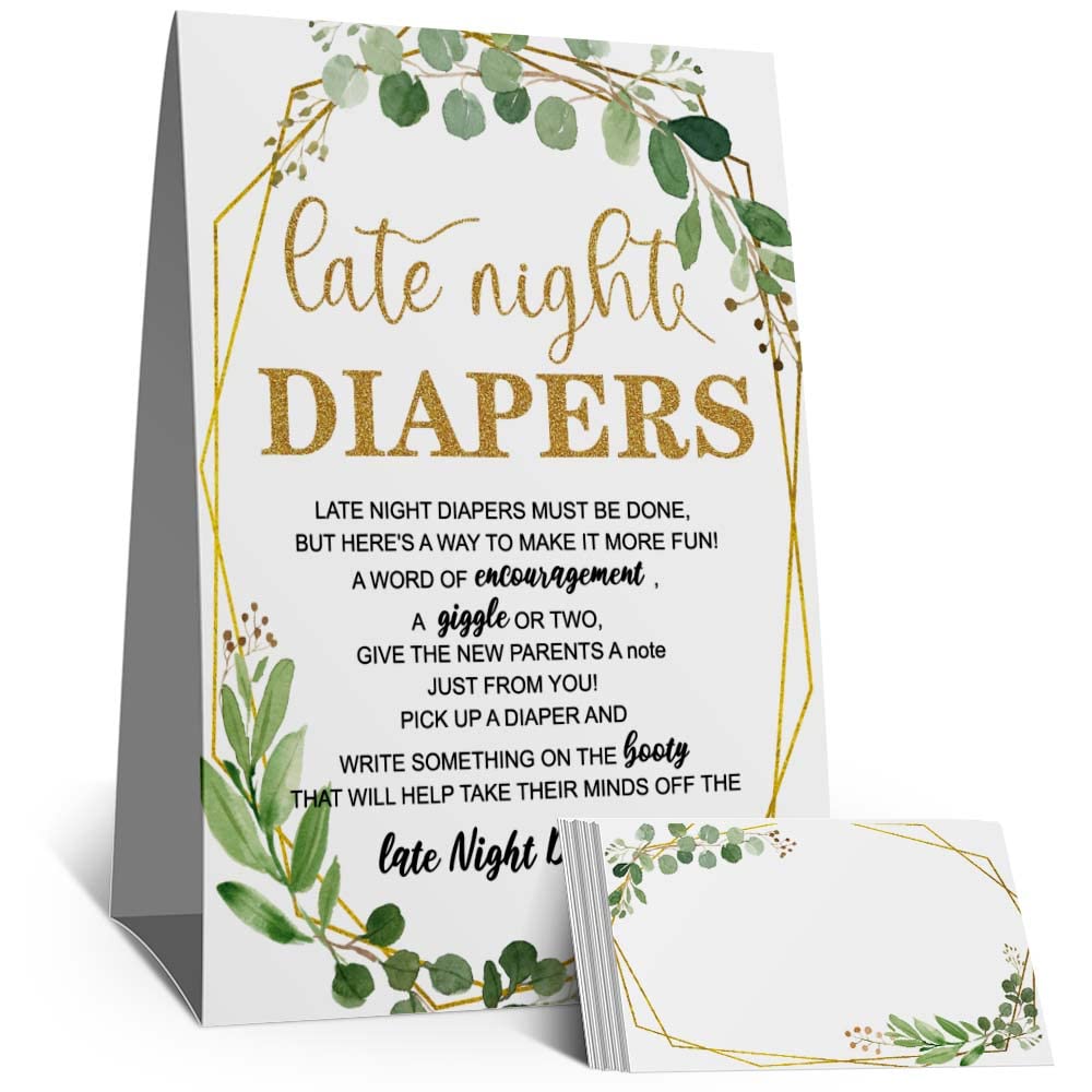 skuhyyg Eucalyptus Late Night Diapers Sign & cards, Gold Cards Diaper Thoughts, Baby Shower Diaper Game Write Funny Inspirational Message(1 Standing Sign + 20 Blank Greeting Cards)