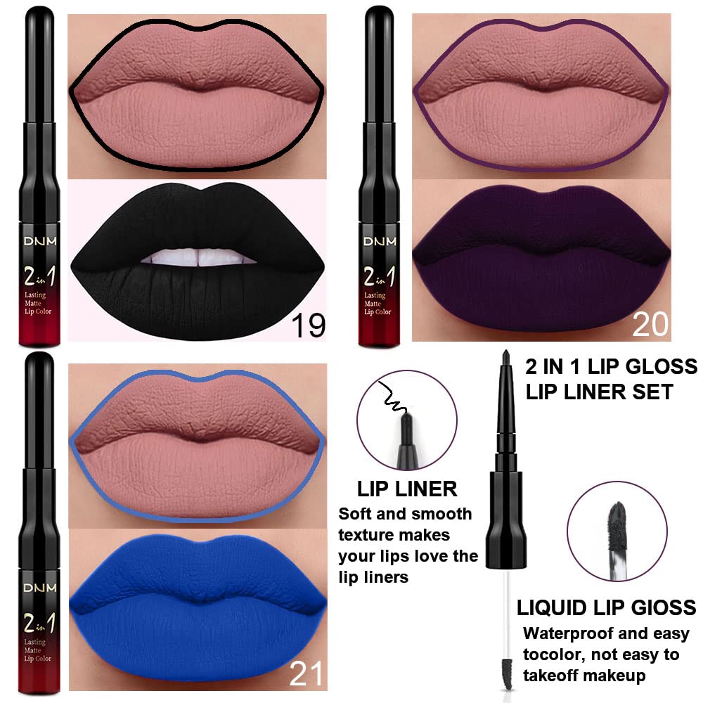 evpct 3Pcs Dark Blue Black Purple Matte Lip Liner and Liquid Lipstick Lip Gloss Stain Makeup Set Smudge Proof 24 Hours Original Long Lasting Matte Lipstick Waterproof labial mate larga duracion 24