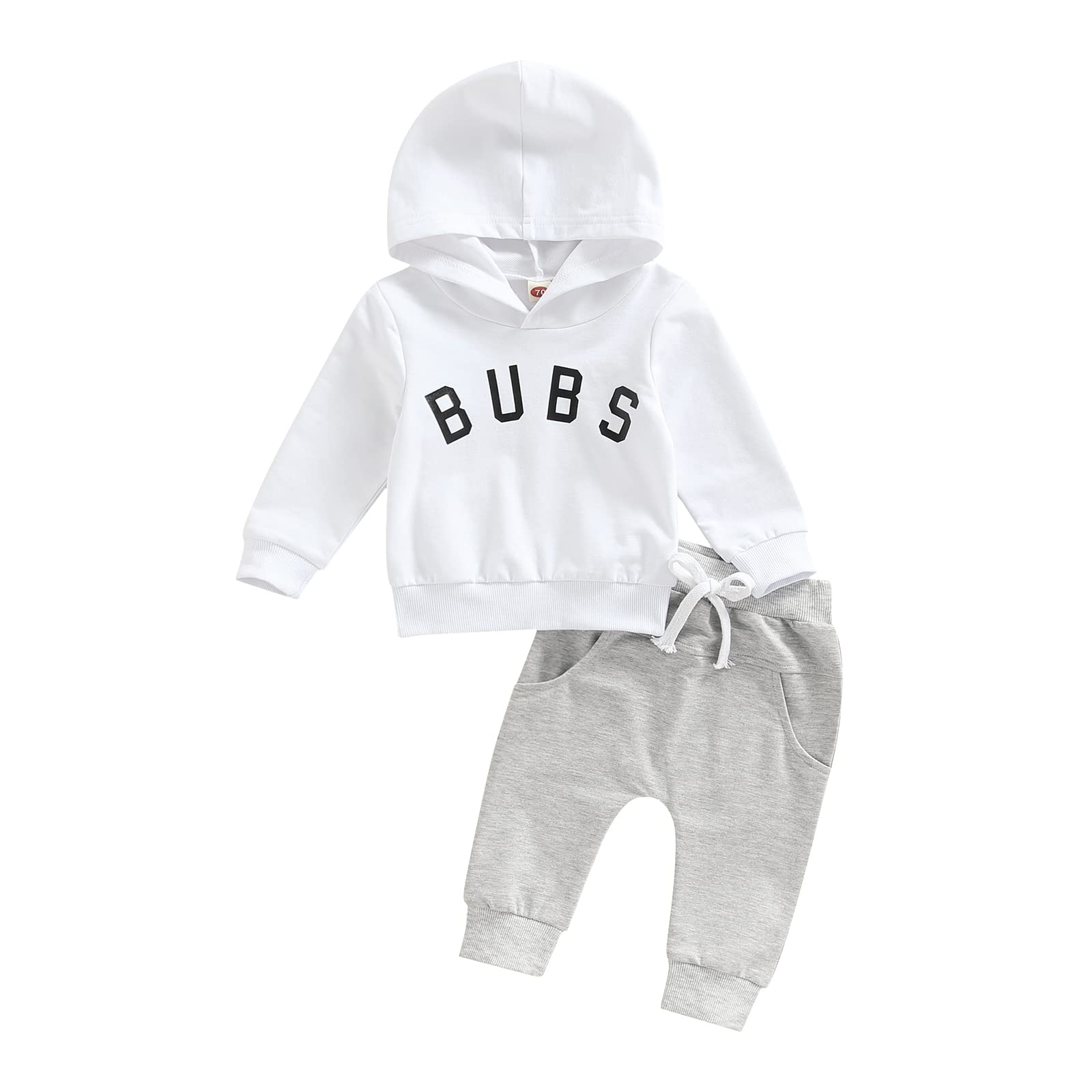 VISGOGO Infant Baby Boy Clothes Set Letter Printed Long Sleeve Hooded Pullover Tops + Elastic Drawstring Pants with Pockets (A-BUBS-White, 3-6 Months)