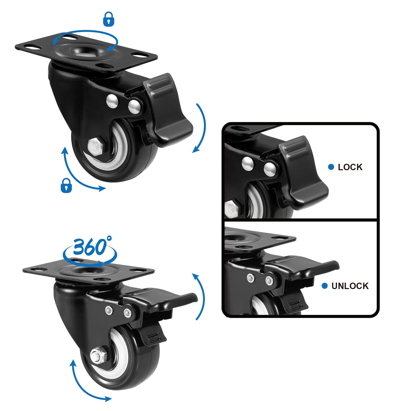 Casters, 2" Caster Wheels，Casters Set of 4 Heavy Duty - ASRINIEY Black Polyurethane Castors, Top Plate Swivel Wheels, 4-Pack Industrial Casters with Brake, Locking Casters for Furniture and Workbench