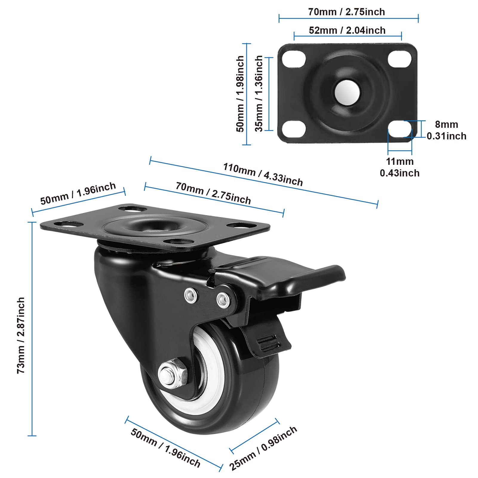 Casters, 2" Caster Wheels，Casters Set of 4 Heavy Duty - ASRINIEY Black Polyurethane Castors, Top Plate Swivel Wheels, 4-Pack Industrial Casters with Brake, Locking Casters for Furniture and Workbench