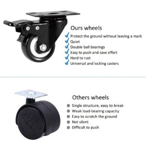 Casters, 2" Caster Wheels，Casters Set of 4 Heavy Duty - ASRINIEY Black Polyurethane Castors, Top Plate Swivel Wheels, 4-Pack Industrial Casters with Brake, Locking Casters for Furniture and Workbench