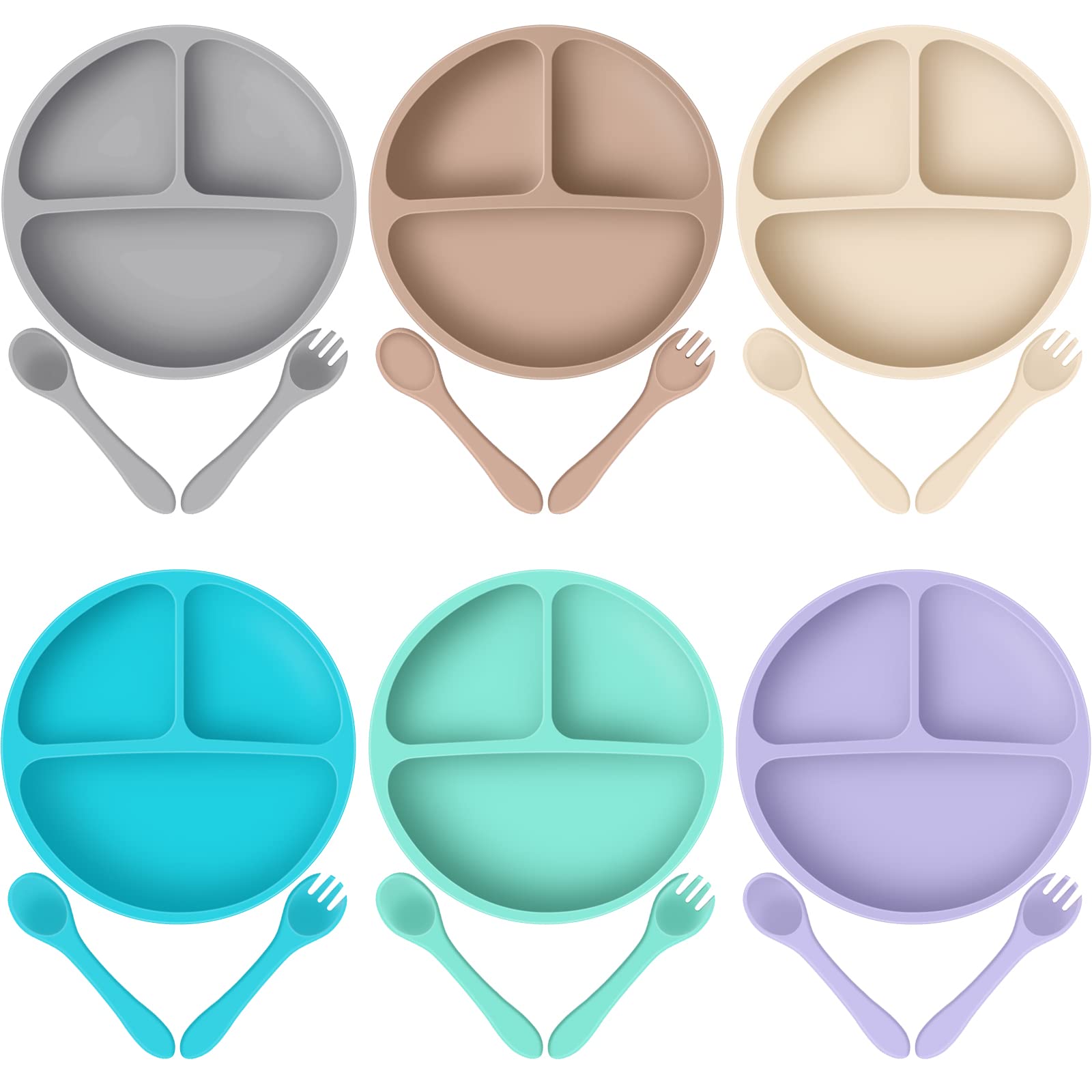 6 Pack Suction Plates for Baby with Spoon Fork Divided Toddler Plate with Suction Silicone Baby Self Feeding Set for Boys Girls (Gray, Green, Blue, Beige, Khaki, Purple)