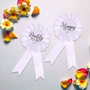 CoolerthingsDG, Daddy to be & Mommy to be Tinplate Badge Pin - Baby Shower Button New Dad Gifts Gender Reveals Party Baby BOY White Rosette Button Baby Celebration (White, Blue footprint)