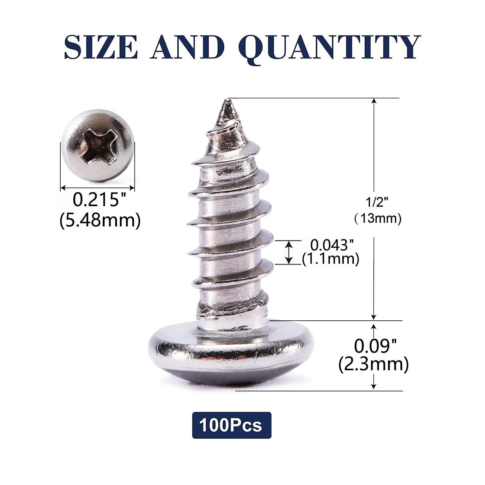 #4 x 1/2" Wood Screw 100Pcs 18-8 (304) Stainless Steel Pan Head Fast Self Tapping Drywall Screws by SG TZH