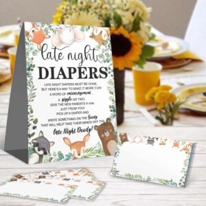 Late Night Diapers Sign & cards(1 Standing Sign + 20 Blank Greeting Cards), Jungle Baby Shower Decorations Sign Kit, Baby Shower Diaper Game Write Funny Inspirational Message