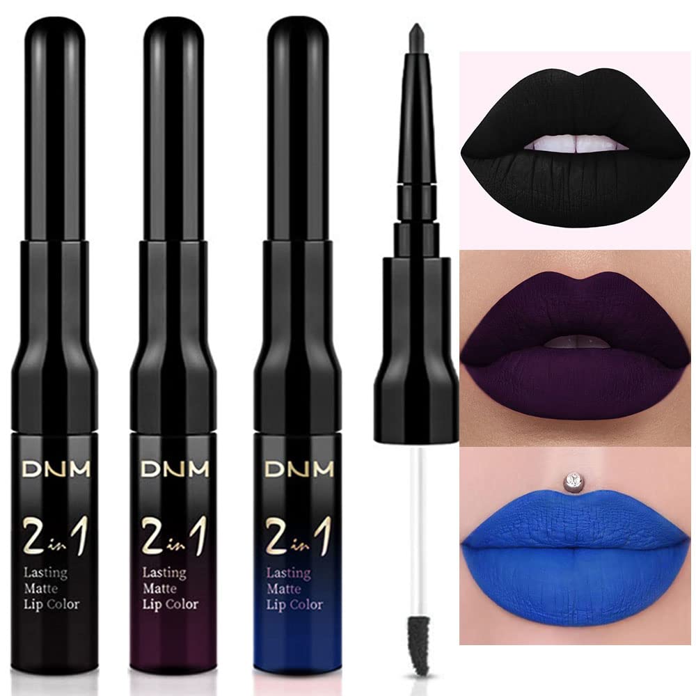 evpct 3Pcs Dark Blue Black Purple Matte Lip Liner and Liquid Lipstick Lip Gloss Stain Makeup Set Smudge Proof 24 Hours Original Long Lasting Matte Lipstick Waterproof labial mate larga duracion 24