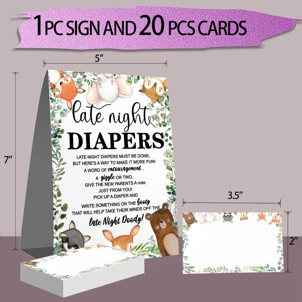 Late Night Diapers Sign & cards(1 Standing Sign + 20 Blank Greeting Cards), Jungle Baby Shower Decorations Sign Kit, Baby Shower Diaper Game Write Funny Inspirational Message