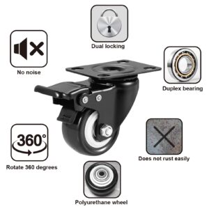 Casters, 2" Caster Wheels，Casters Set of 4 Heavy Duty - ASRINIEY Black Polyurethane Castors, Top Plate Swivel Wheels, 4-Pack Industrial Casters with Brake, Locking Casters for Furniture and Workbench