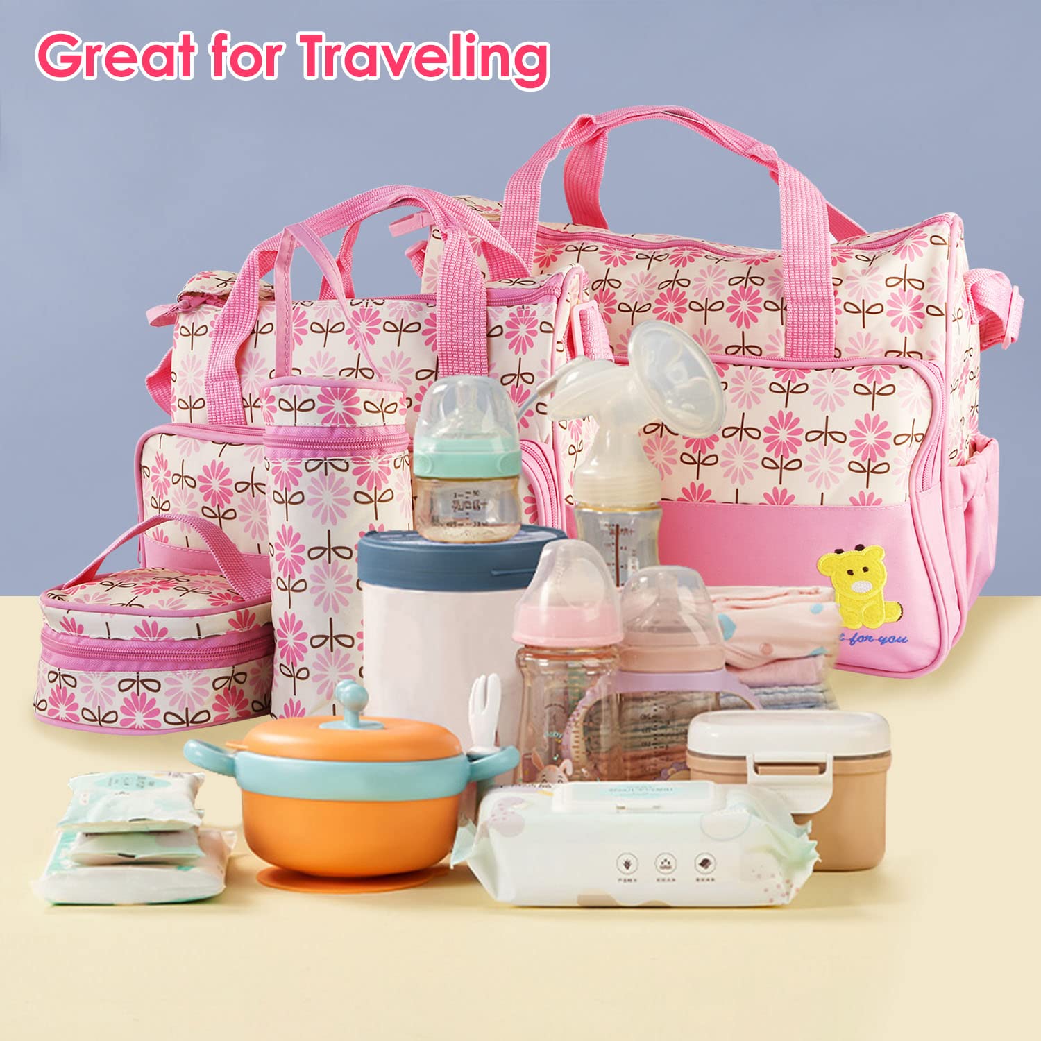 5 Pcs Multifunctional Set Baby Changing Diaper Nappy Bag, Maternity Mummy Handbag, Portable Nappy Basket Storage Organiser, Maternity Baby Bag for Boys Girls(Pink)