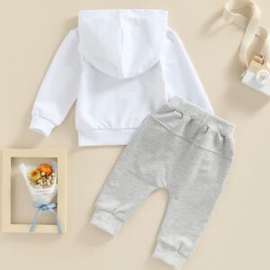 VISGOGO Infant Baby Boy Clothes Set Letter Printed Long Sleeve Hooded Pullover Tops + Elastic Drawstring Pants with Pockets (A-BUBS-White, 3-6 Months)