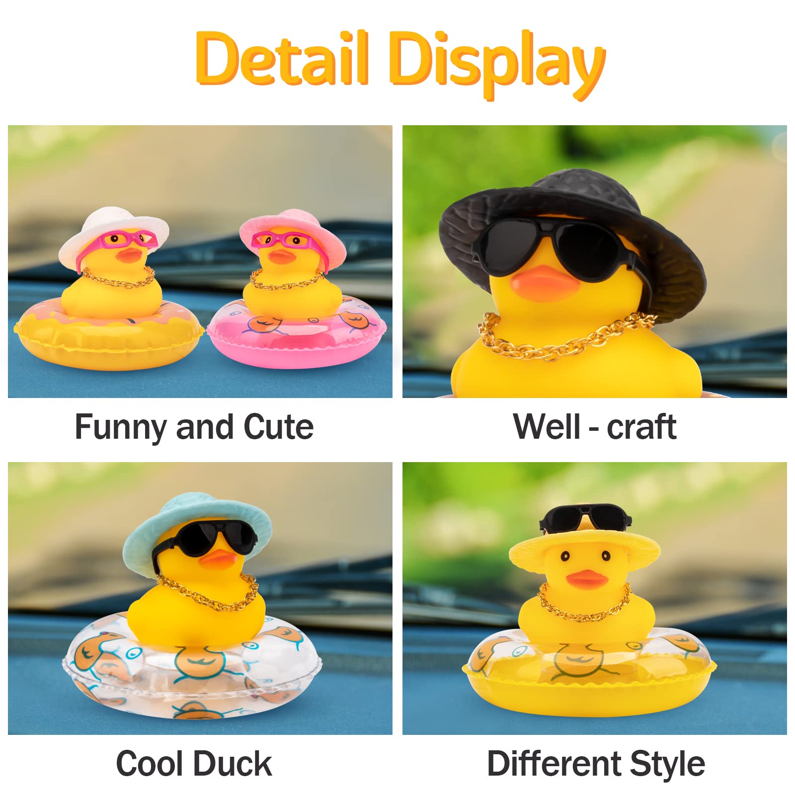 wonuu Rubber Duck Car Ornaments 3Pcs Yellow Duck Car Dashboard Decorations with Mini Hat Swim Ring Necklace Sunglasses, Straw&Blue Straw&Cowboy Hat