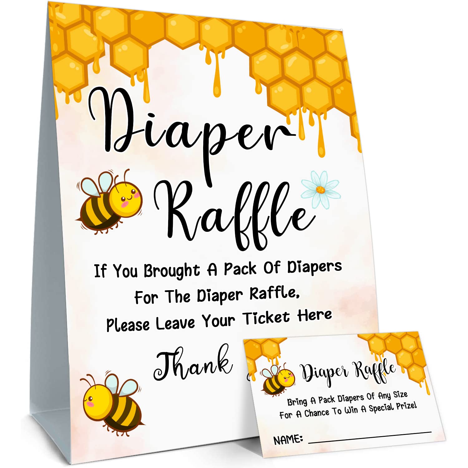 ALodr Honey Bee baby shower diaper raffle card and sign,Diaper Raffle Baby Shower Game - Baby Showers Decorations - Baby Showers Party Decorations Game Cards Kit (1 Sign & 50 Cards)