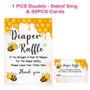 ALodr Honey Bee baby shower diaper raffle card and sign,Diaper Raffle Baby Shower Game - Baby Showers Decorations - Baby Showers Party Decorations Game Cards Kit (1 Sign & 50 Cards)