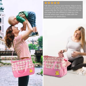 5 Pcs Multifunctional Set Baby Changing Diaper Nappy Bag, Maternity Mummy Handbag, Portable Nappy Basket Storage Organiser, Maternity Baby Bag for Boys Girls(Pink)