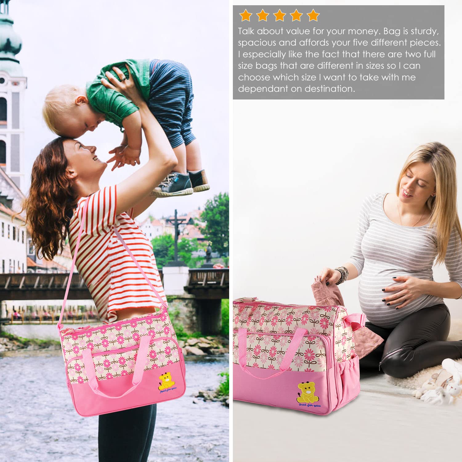 5 Pcs Multifunctional Set Baby Changing Diaper Nappy Bag, Maternity Mummy Handbag, Portable Nappy Basket Storage Organiser, Maternity Baby Bag for Boys Girls(Pink)