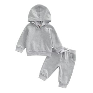 thorn tree infant baby boys pants set hooded solid sweatshirt top pocket elastic waist pants 2pcs outfits fall winter suit (gray,6-12 months)