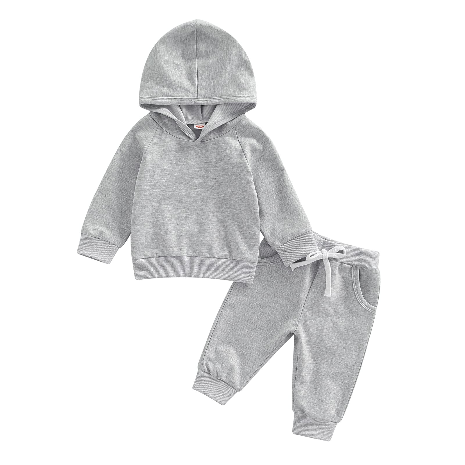 Thorn Tree Infant Baby Boys Pants Set Hooded Solid Sweatshirt Top Pocket Elastic Waist Pants 2Pcs Outfits Fall Winter Suit (Gray,6-12 Months)