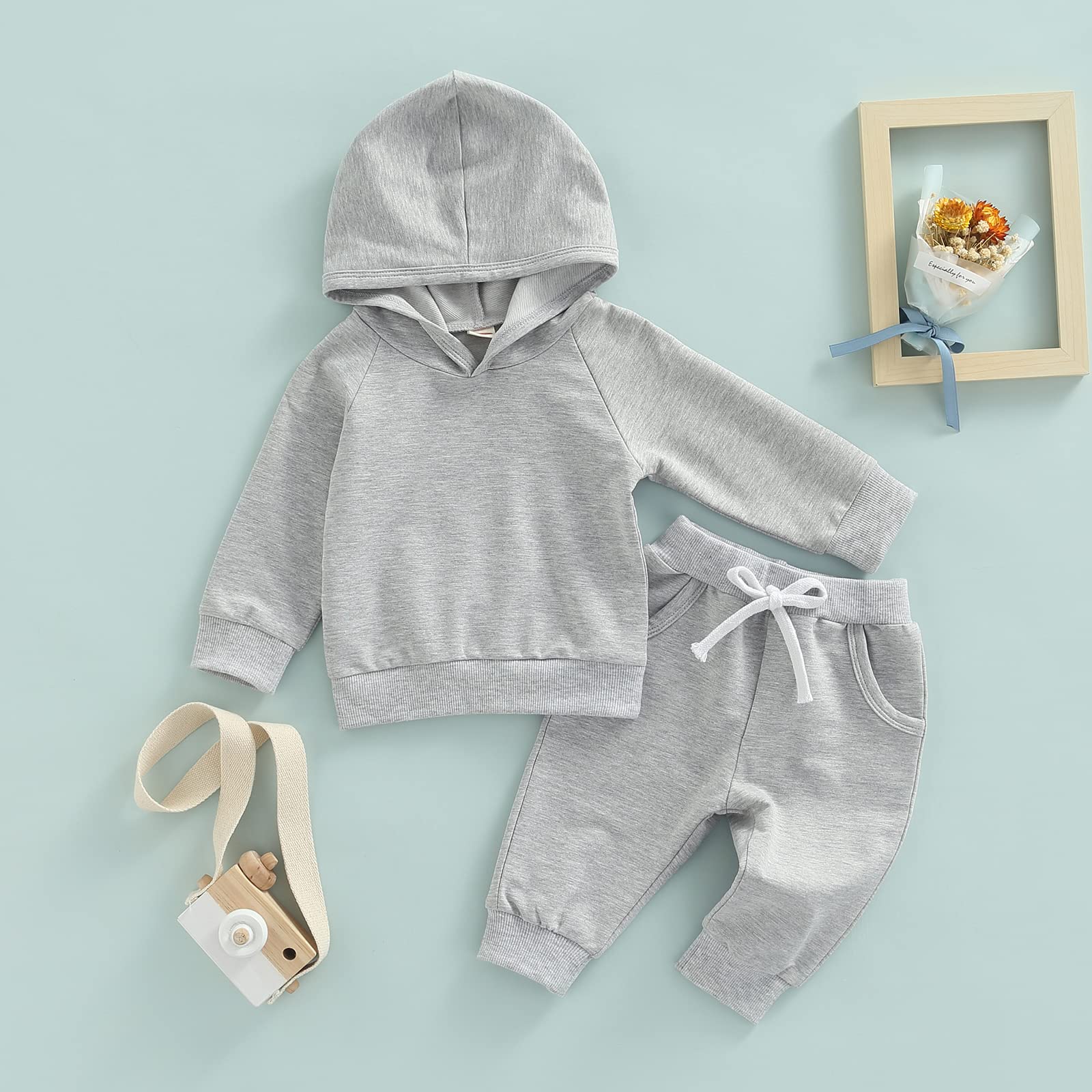 Thorn Tree Infant Baby Boys Pants Set Hooded Solid Sweatshirt Top Pocket Elastic Waist Pants 2Pcs Outfits Fall Winter Suit (Gray,6-12 Months)