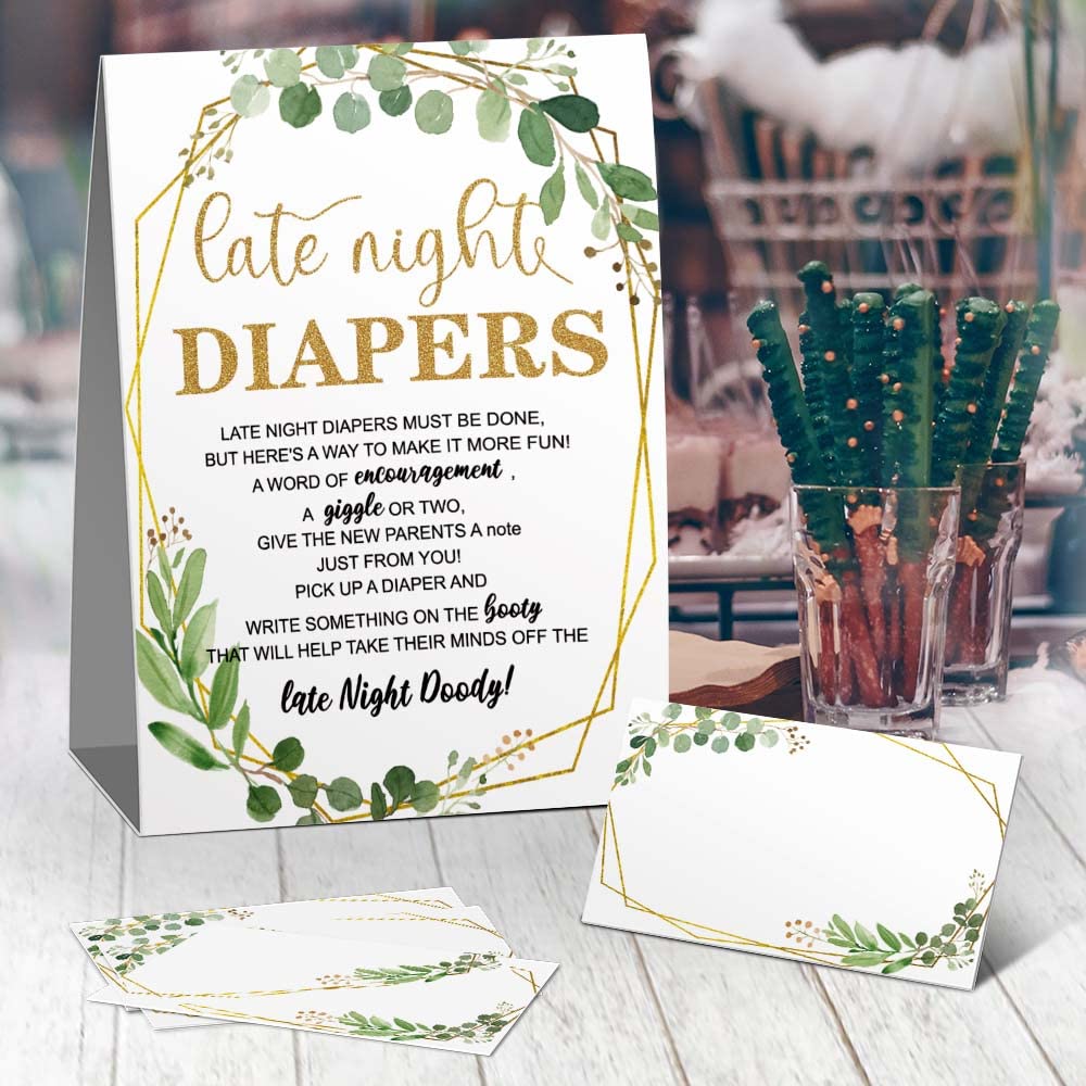 skuhyyg Eucalyptus Late Night Diapers Sign & cards, Gold Cards Diaper Thoughts, Baby Shower Diaper Game Write Funny Inspirational Message(1 Standing Sign + 20 Blank Greeting Cards)