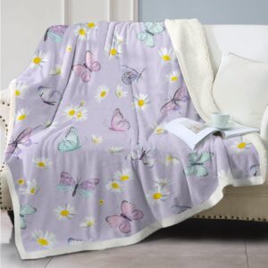 soulzzz purple butterfly throw blanket pink green butterfly printed style with daisies sherpa blanket lightweight fuzzy butterflies twin blanket for girls adults butterfly lovers gifts (60x80 inches)