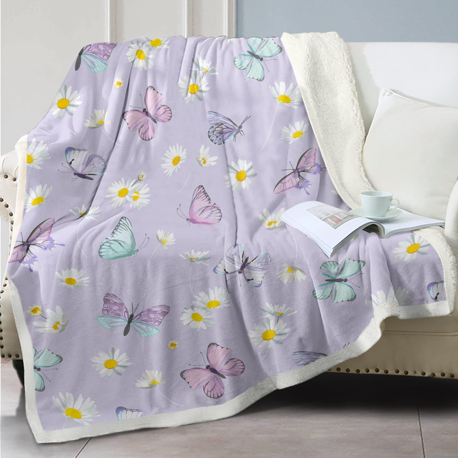 SOULZZZ Purple Butterfly Throw Blanket Pink Green Butterfly Printed Style with Daisies Sherpa Blanket Lightweight Fuzzy Butterflies Twin Blanket for Girls Adults Butterfly Lovers Gifts (60x80 Inches)