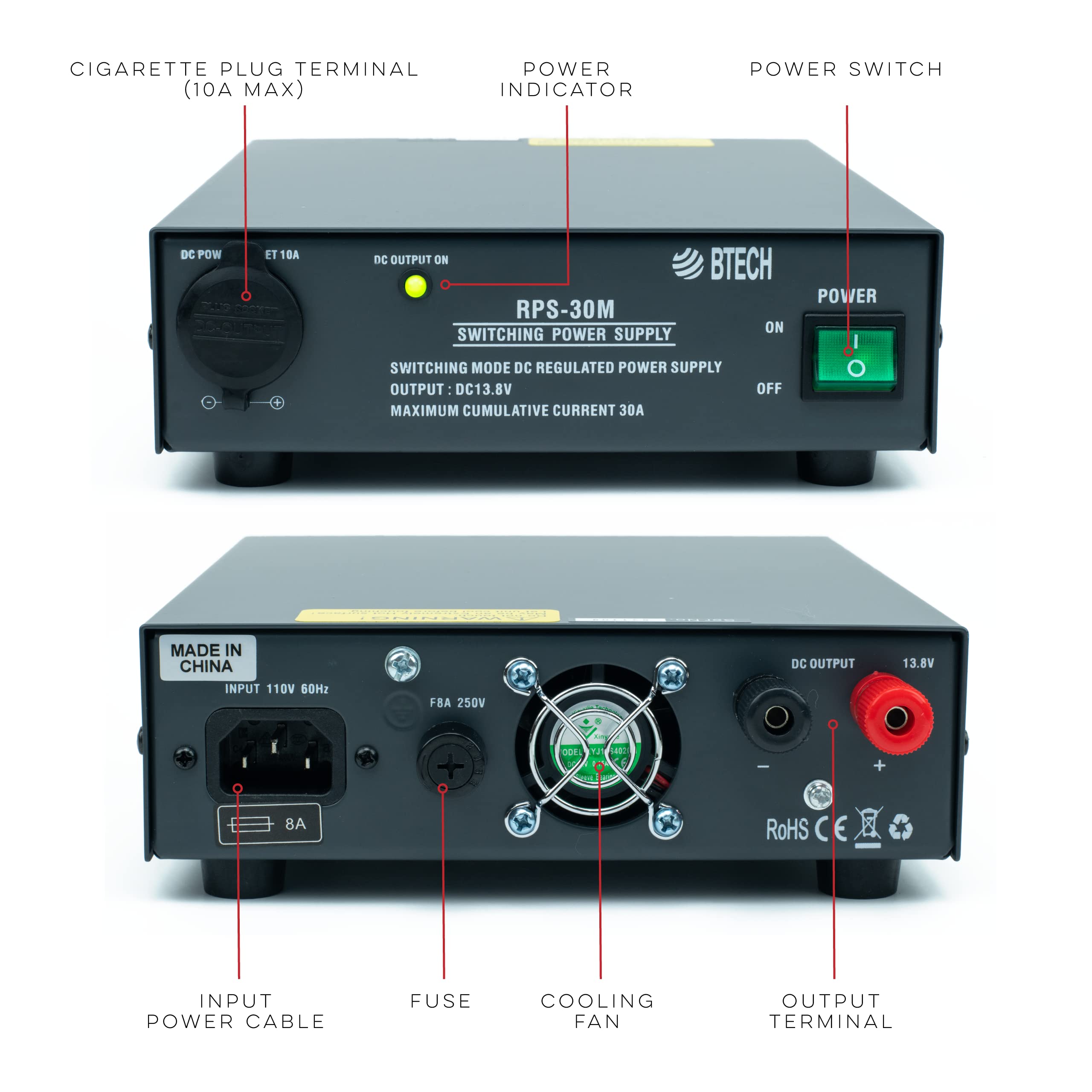 BTECH RPS-30M 30 Amp Compact Regulated Bench Power Supply - 13.8V AC-to-DC Converter with Screw Terminals & Cigarette Plug Output