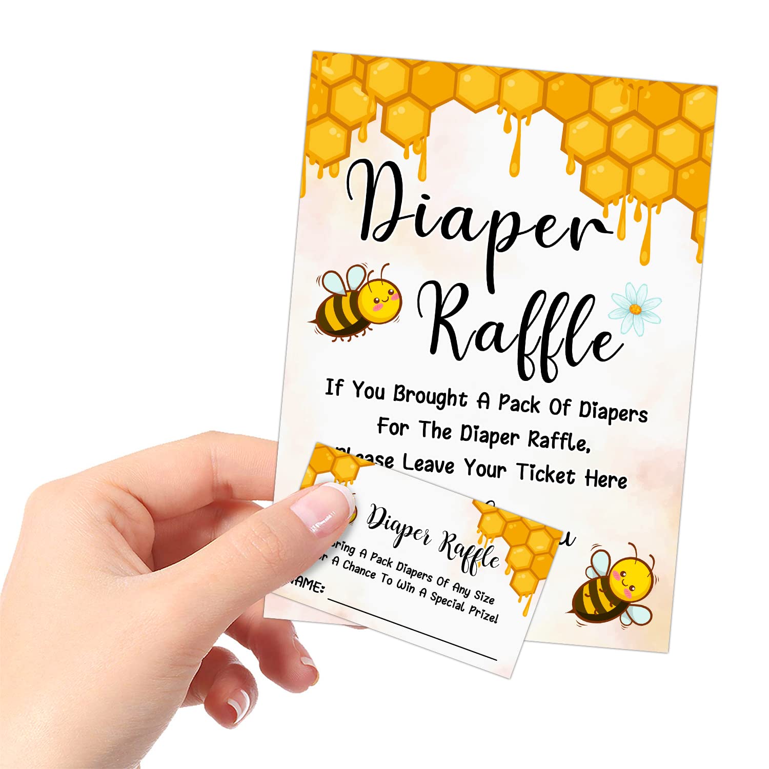 ALodr Honey Bee baby shower diaper raffle card and sign,Diaper Raffle Baby Shower Game - Baby Showers Decorations - Baby Showers Party Decorations Game Cards Kit (1 Sign & 50 Cards)