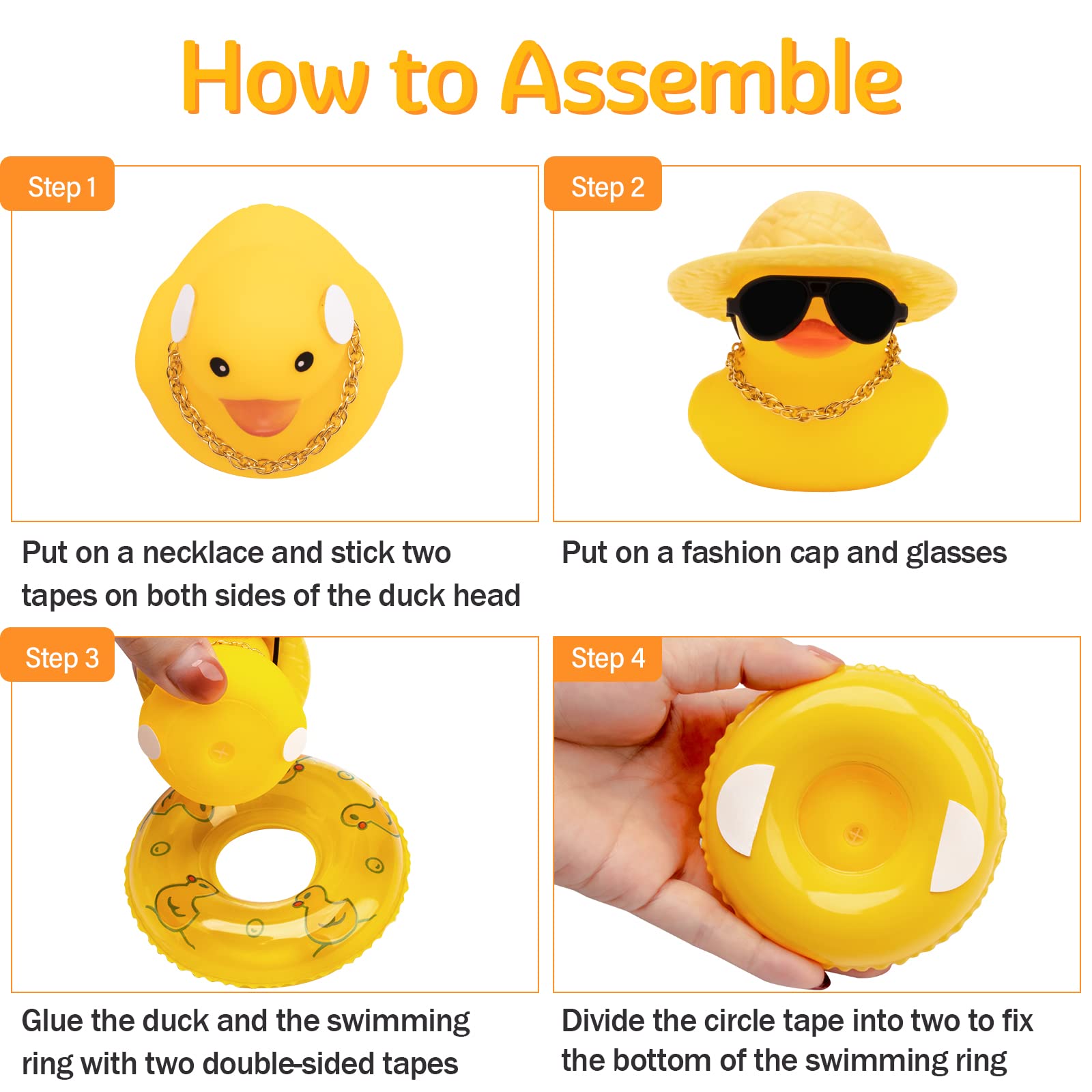 wonuu Rubber Duck Car Ornaments 3Pcs Yellow Duck Car Dashboard Decorations with Mini Hat Swim Ring Necklace Sunglasses, Straw&Blue Straw&Cowboy Hat