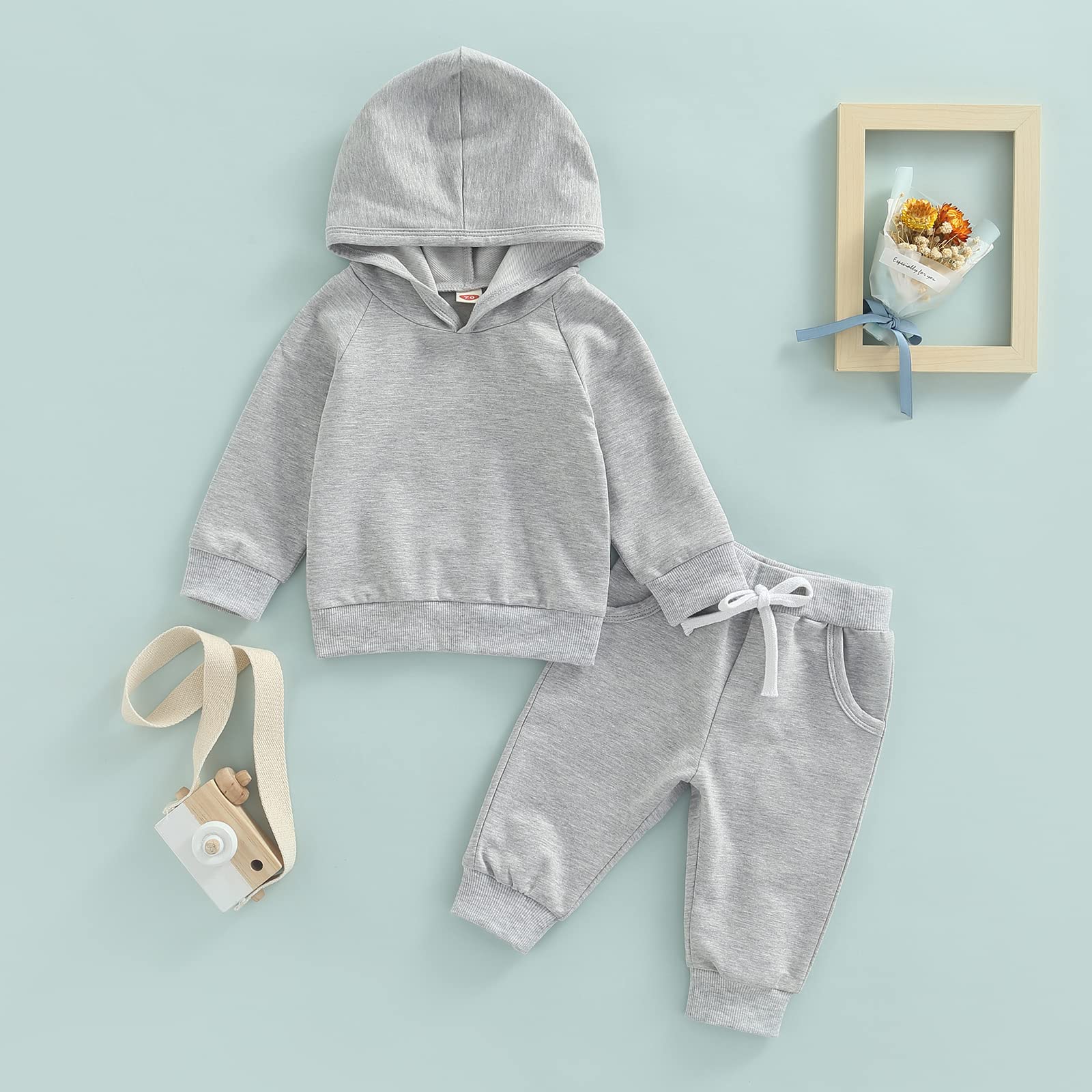 Thorn Tree Infant Baby Boys Pants Set Hooded Solid Sweatshirt Top Pocket Elastic Waist Pants 2Pcs Outfits Fall Winter Suit (Gray,6-12 Months)